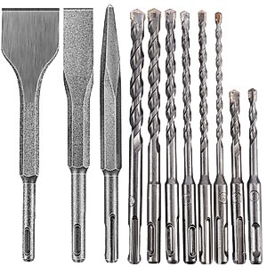 HighFree 11 Pieces SDS Plus Rotary Hammer Drill Bits Set Including Chisels Bits and Carbide Tip Twist Drill Point Bits for Brick, Cement and Concrete Demolition