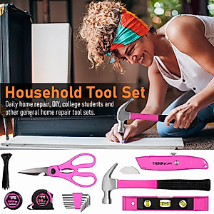 THINKWORK Pink Tool Set - 207 Piece Lady's Portable Home Repairing Tool Kit with 13'' Wide Mouth Open Storage Tool Bag, Perfect for DIY, Home Maintenance - Christmas Gift for Women, LHTS-034