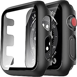 TAURI 2 Pack Hard Case Compatible for Apple Watch Series 3/2/1 42mm Built-in 9H Tempered Glass Screen Protector Slim Bumper Touch Sensitive Full Protective Cover Compatible for iWatch 42mm - Black