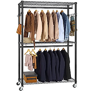 Finnhomy 47.2" L Metal Clothes Rack for Hanging Clothes 25mm Dia Tube Heavy Duty Garment Rack with 3-Tier Shelves/ Double Hanging Rods/ Lockable Wheels, Portable Closet Storage Rack Freestanding Wardrobe Closet Organizer