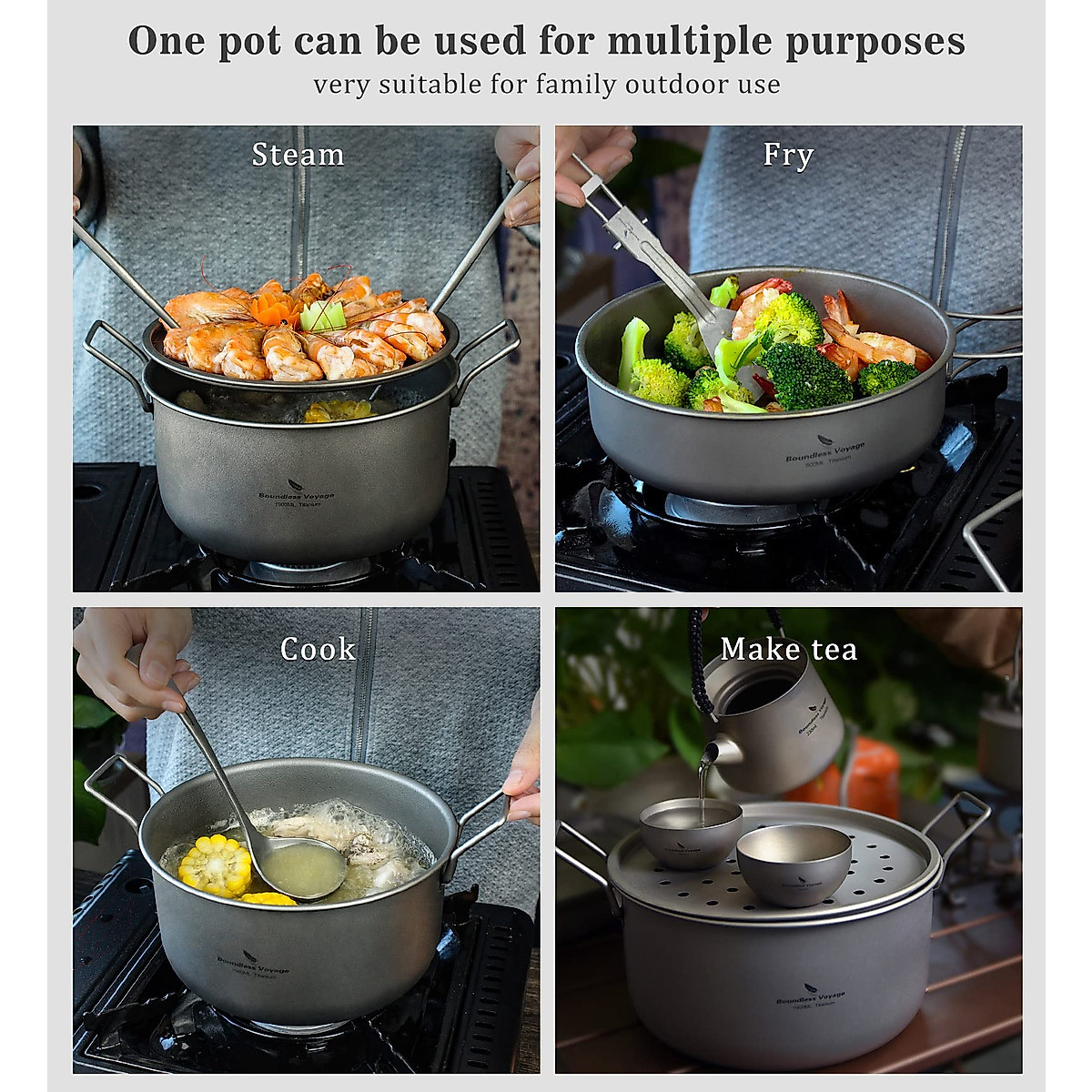 Boundless Voyage Titanium 1900mL Pot and 900mL Fry Pan Set with Steaming Rack and Lid Multifunctional Steamer Stockpot Outdoor Cooking Ultra Light Camping Cookware