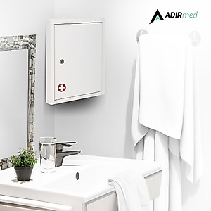 AdirMed Locking Corner Medicine Cabinet, Wall Mounted First Aid Corner Cabinet with Lock, Lockable Corner Wall Medicine Cabinet, 14.96" H x 14.96" W x 7.09" D