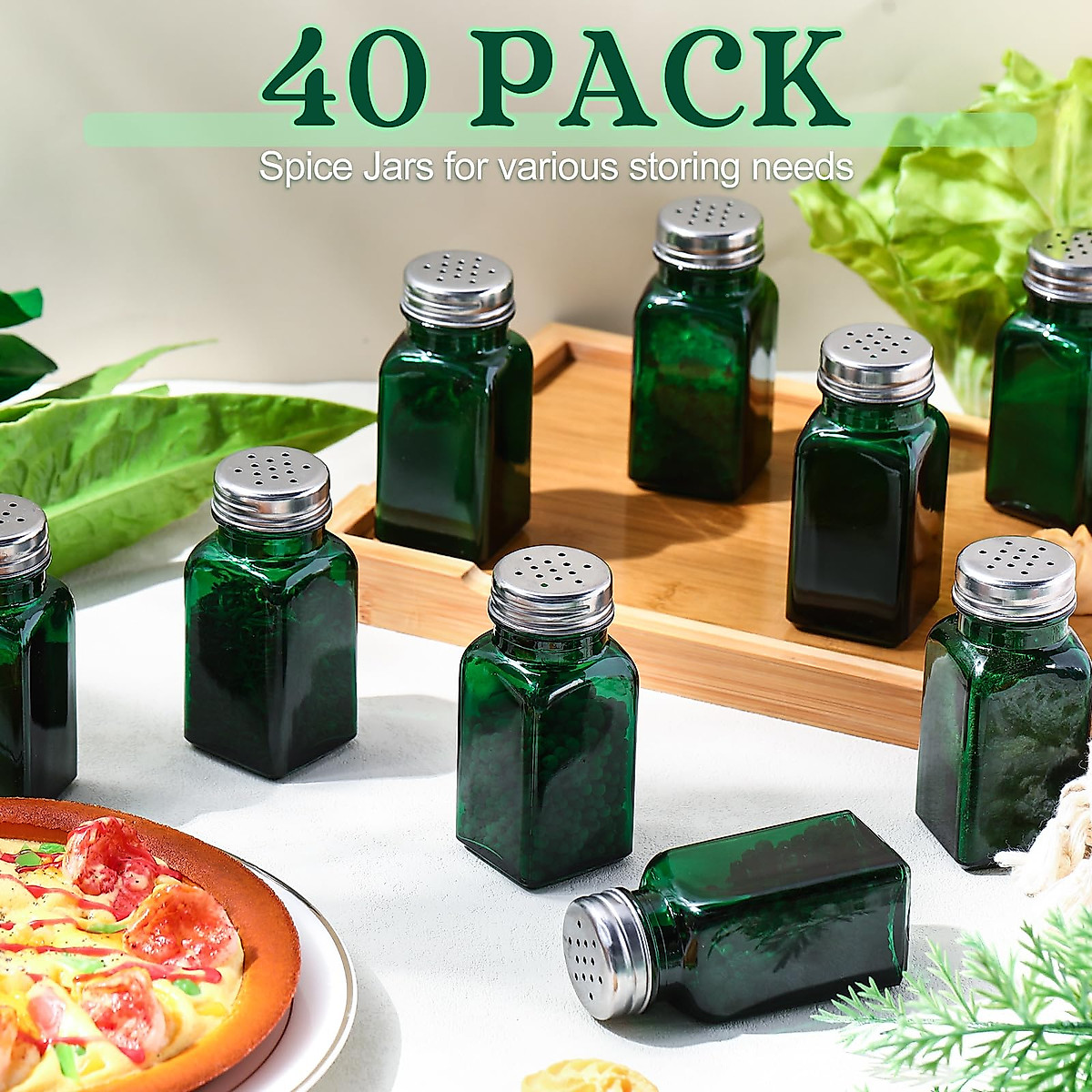Hushee 40 Pcs Retro Style Salt and Pepper Shakers Bulk Set 2 oz Clear Glass Salt Shaker with Stainless Steel Lids for Kitchen Counter Table Restaurant Hold Various Condiments(Green)