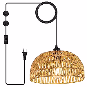 Casamoon Farmhouse Plug in Pendant Light, 12.6'' Woven Wicker Hemp Rope Shade Hanging Light Fixtures, Boho Rattan Ceiling Hanging Lamp for Kitchen, Dining Room, Bedroom, Entryway, Retro, Rustic Décor