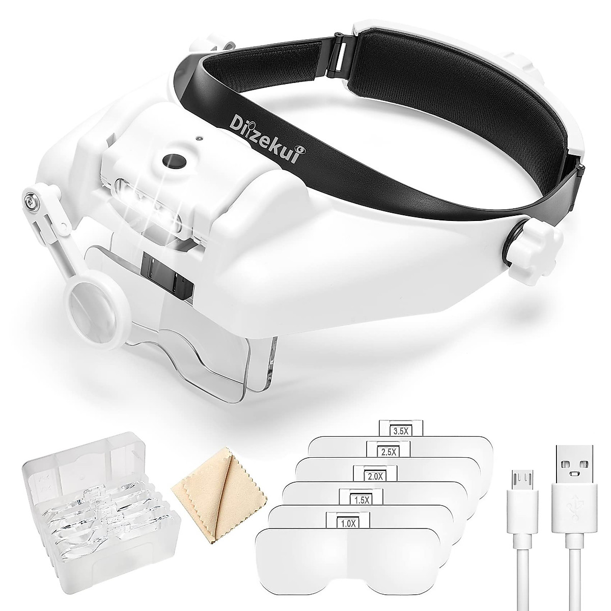 Dilzekui Head Mount Magnifier with LED Light, Rechargeable Headband Magnifier, Head-Mounted Magnifying Glass with 6 Detachable Lens, Handsfree Magnifying Glasses for Jewelers Loupe, Crafts, Repair