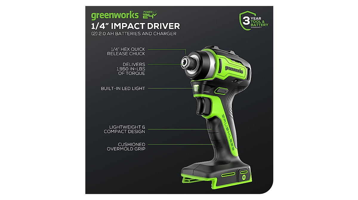 Greenworks 24V Cordless Impact Driver Kit - Powerful & Compact