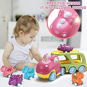 Dinosaur Car Toy for Toddler Girl, Dino Carrier Truck with 4 Mini Cartoon Pull Back Cars with Realistic Lights and Sounds, Pink Girls Toys for Kid Child Baby Age 3 Years Old Birthday Party Gift