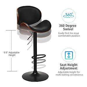 COSTWAY Bar Stools Set of 2, Adjustable Swivel Bentwood Barstools with Back, Large Iron Base, 360 Degree PU Leather Seat and Curved Footrest, Extra Tall Bar Chairs for Kitchen Counter Bar, Black