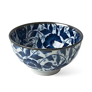 MIYA Set of Four 4.5 Inch Blue & White Flower Design Japanese Rice Bowls