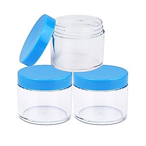 Beauticom 60 Grams/60 ML (2 Oz) Round Clear Leak Proof Plastic Container Jars with Blue Lids for Travel Storage Makeup Cosmetic Lotion Scrubs Creams Oils Salves Ointments (3 Jars)