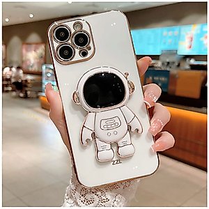 AIGOMARA 6D Plating Astronaut Hidden Stand Case Cover for iPhone 13 Pro Max Women Astronaut Folding Bracket Kickstand iPhone Case with Camera Protector Soft TPU Shockproof Bumper 6.7 Inch - White