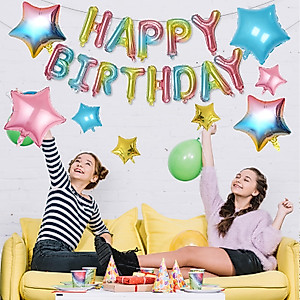 Happy Birthday Balloons Banner, Rainbow Happy Birthday Foil Balloons 16 Inch Mylar Foil Letter Balloons with 8 Pcs Gradient Blue Pink Star Balloons for Women Men Boys Girls Birthday Party Decorations