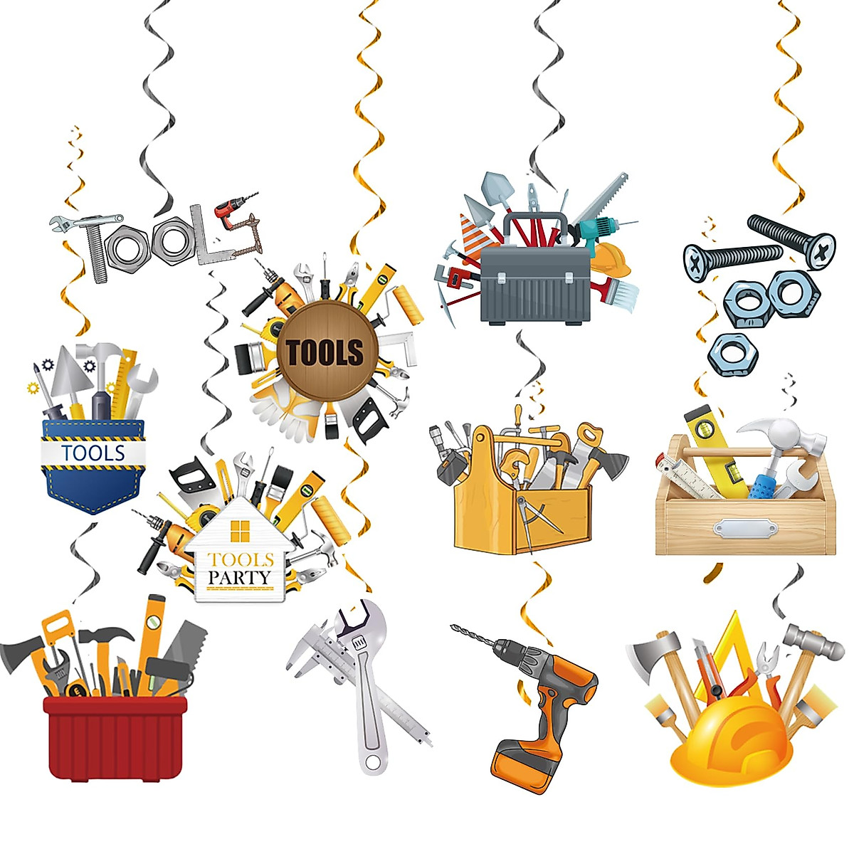 24 Pcs Tools Hanging Decorations Tools Hanging Swirls Ceiling Swirls Tools Birthday Party Supplies for Tools Party Decorations Toolbox Decorations