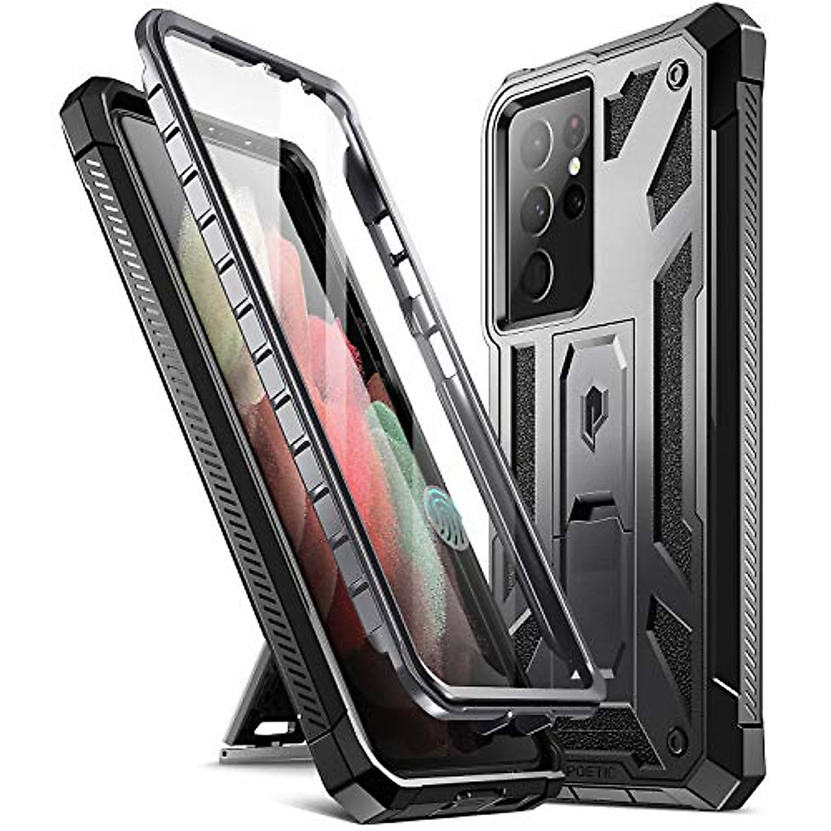 Poetic Spartan Case for Samsung Galaxy S21 Ultra 5G 6.8 inch, Built-in Screen Protector Work with Fingerprint ID, Full Body Rugged Shockproof Protective Cover Case with Kickstand, Metallic Gun Metal