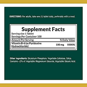 Nature’s Bounty Vitamin B6, Supports Energy Metabolism and Nervous System Health, 100mg, Tablets, 100 Ct