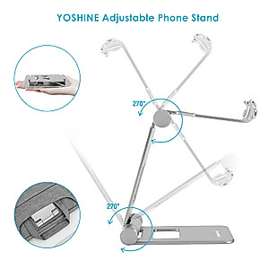 YOSHINE Phone Stand, Adjustable Cell Phone Stand, Foldable Cell Phone Holder with Non-Slip Base, Portable Phone Holder for Desk, Solid Aluminum Stand Holder Dock for iPhone All Smart Phones - Silver