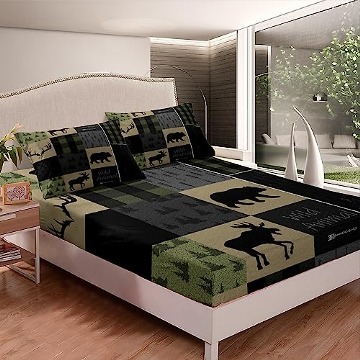 Queen Size Bear Print Bed Sheet Set Boys Girls Wild Animal Fitted Sheet for Kids Women Men Ultra Soft Rustic Cabin Country Bedding Set Green Black Grey Bed Cover Room Decor