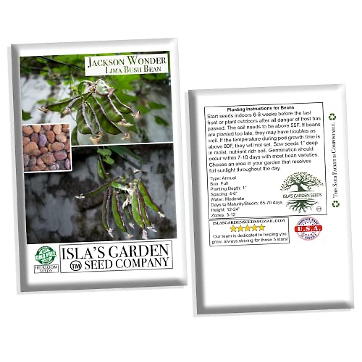 Jackson Wonder Lima Bush Bean Seeds for Planting, 50+ Heirloom Seeds Per Packet, (Isla's Garden Seeds), Non GMO Seeds, Botanical Name: Phaseolus lunatus, Great Home Garden Gift