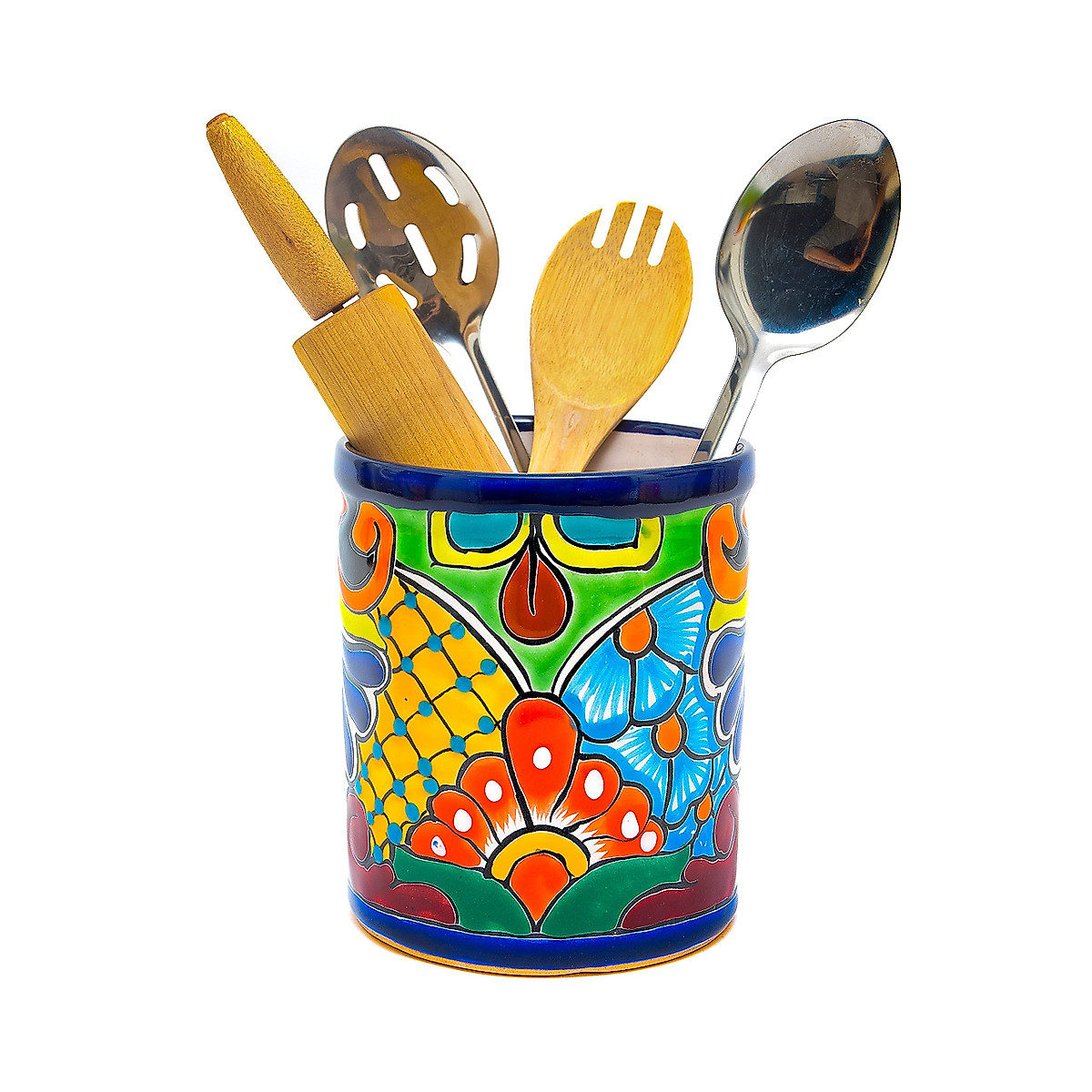 Enchanted Talavera Ceramic Large Utensil Holder Spatula Crock Kitchen Counter Organizer Mexican Pottery Utensils Tools Caddy Spoon Rest White Ceramic (Cobalt Large (7.5" H x 6" W)