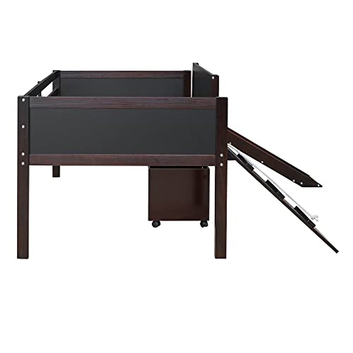 GINGVAT Twin Size Loft Bed with Two Storage Boxes, Wood Loft Bed with Climbing Frame, Slide and Guardrails，Multi-Functional，Espresso