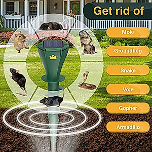 Mole Repellent for Lawns, Solar Powered | Patent Screw-Shape-Stake Design | IP65 Waterproof, Varying Sonic and Vibration to Expel Mole Gopher Snake Vole, for Lawn Garden & Yard (4pc)
