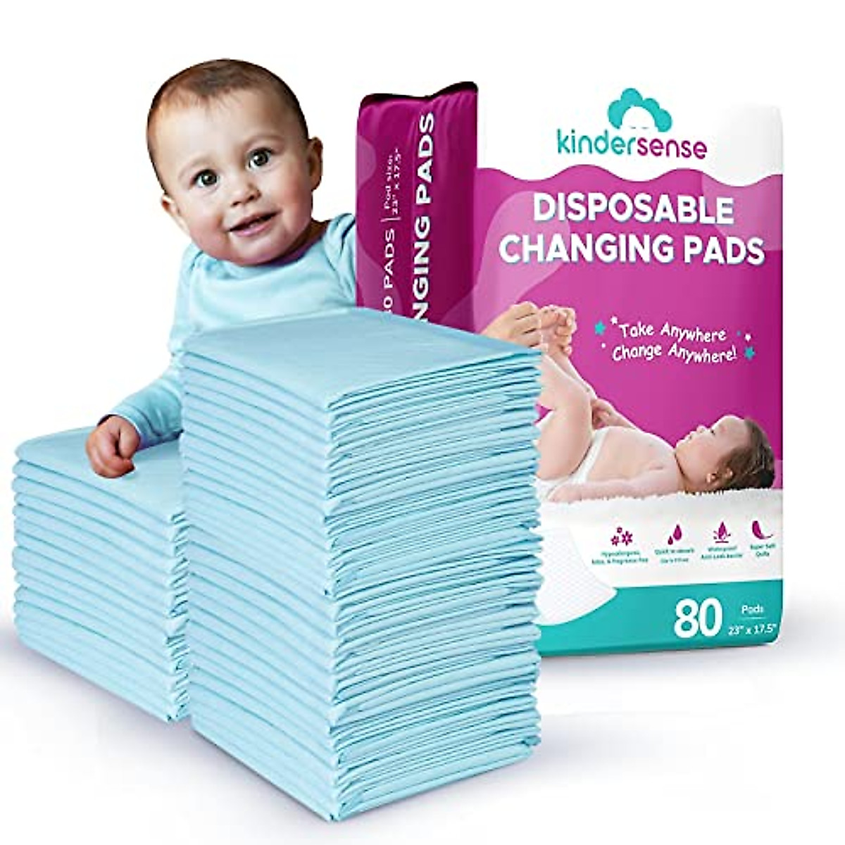 KinderSense® - Disposable Changing Pad for Baby Diaper (80 Pack) Extra Large (23" x 17.5") Portable Pee Pad Waterproof & Leak Proof Underpad Mat Incontinence Protection - Absorbent Changing Mat