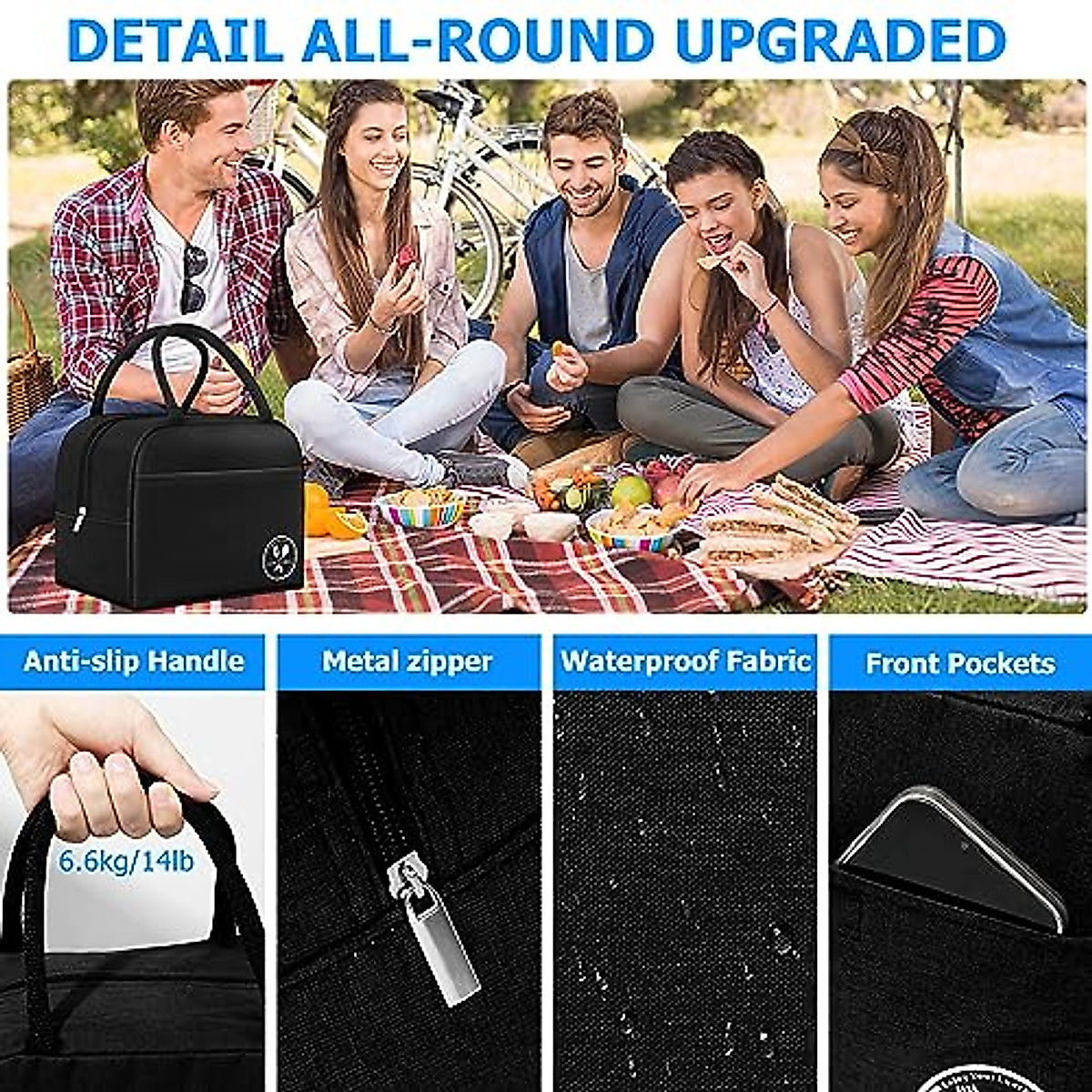 10L 19Cans Insulated Lunch Bag for Women Men, Reusable Lunch Box for Office Work Picnic Beach Travel, Leakproof Soft Cooler Tote Bag Freezable Lunch Bag for Adult, Black