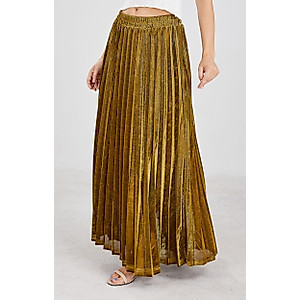 CHARTOU Women's Premium Metallic Shiny Shimmer Accordion Pleated Long Maxi Skirt (Small, Gold)