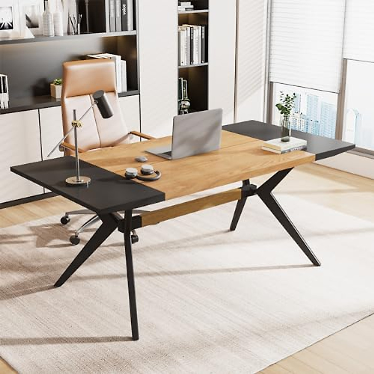 LITTLE TREE 63" W Executive Desk, Extra Sturdy Thickened Wooden Workstation Study Desk Computer Desk Large Home Office Writing Desk for Home Office