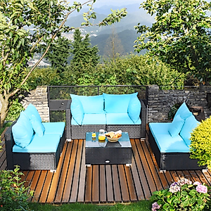Tangkula 7 Piece Patio Furniture Set, Outdoor Sectional Sofa w/Pillows and Cushions, Wicker Sofa Conversation Set with Coffee Table, Patio Sofa and Tea Table Set for Garden, Lawn