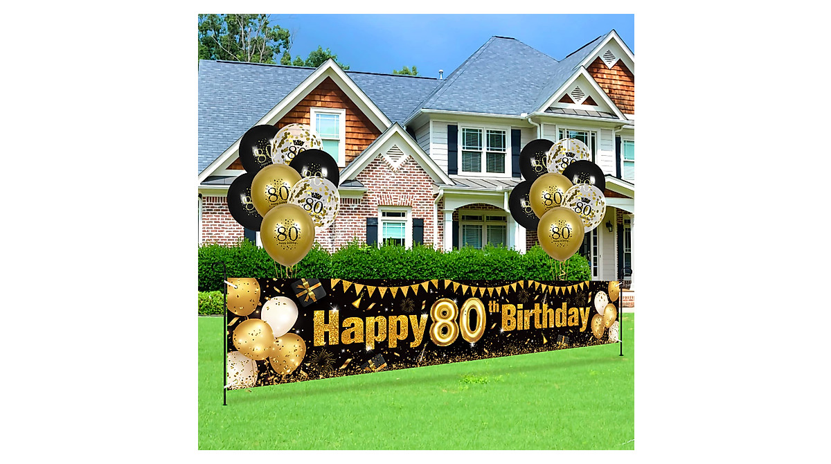 80th Birthday Decorations Black and Gold Yard Banner & Balloons