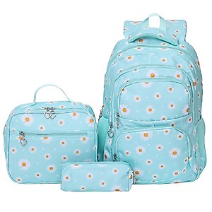 NIWEIYA 3-piece Daisy Backpack Print Girls Backpack Waterproof Children's Schoolbag Set Student Daily Lunch Bag (Green)