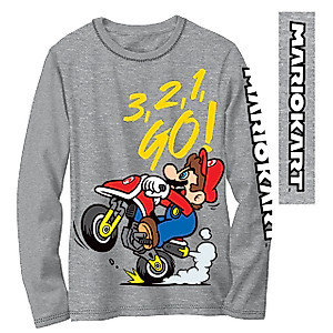 Isaac Morris Mariokart Big Boys Long Sleeve Tee, Grey 10-12 Years