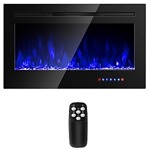 COSTWAY 36-Inch Electric Fireplace, 750W/1500W Wall Recessed and Mounted Fireplace Insert with Remote Control, 9 Flame Colors, 5 Brightness Settings, 8 H Timer, Fireplace Heater for Indoor Use
