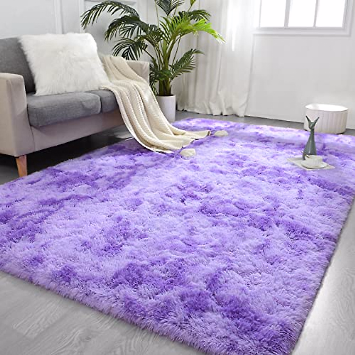 FlyDOIT Purple Tie-Dyed Large Rugs for Living Room, 4x6 Feet Shaggy Rug Fluffy Throw Carpets, Ultra Soft Plush Modern Indoor Fuzzy Rugs for Bedroom Girls Kids Nursery Room Dorm Home Decor