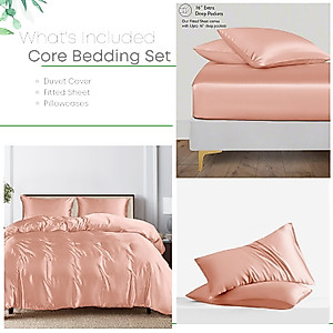 Linenwalas Tencel Lyocell Duvet Cover Set with Deep Pocket Fitted Sheet, Viscose Made from Eucalyptus Soft, Lightweight and Breathable Complete Bedding Set (Rose Gold, Queen)