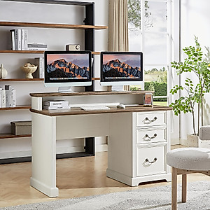 Vagaconl 55in Farmhouse Desk with Outlets, Mid Century Modern Desk with Charging Station File Cabinet, Storage Cabinet, Vintage Computer Writing Desk,Home Office,White and Brown