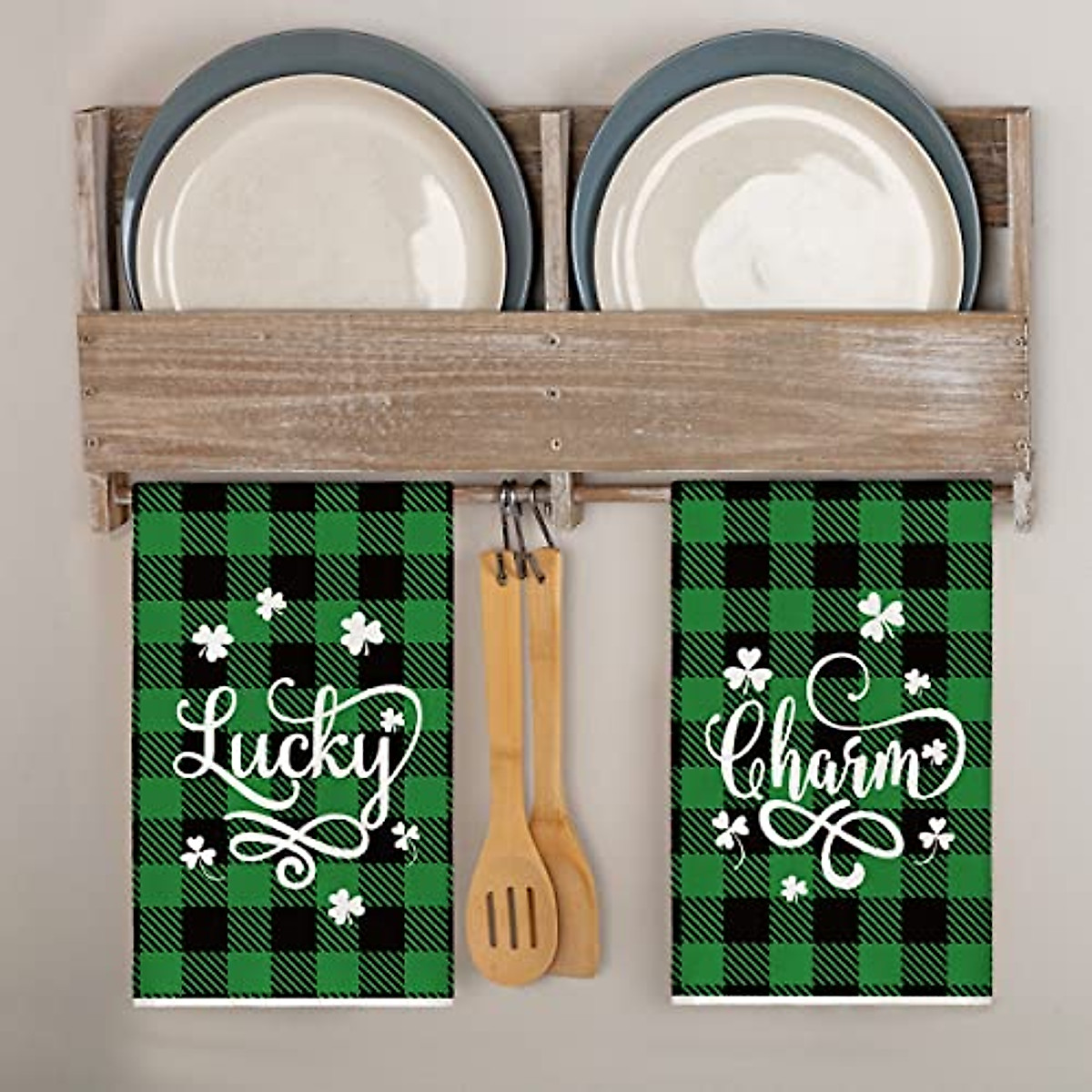 Artoid Mode Buffalo Plaid Lucky Charm St. Patrick's Day Kitchen Dish Towels, 18 x 26 Inch Seasonal Clover Shamrock Ultra Absorbent Drying Cloth Tea Towels for Cooking Baking Set of 2