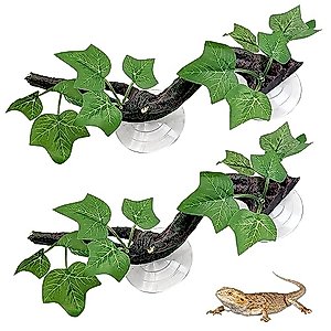 PINVNBY 2 PCS Reptile Corner Branch Terrarium Plant Decoration with Suction Cup Resin Plant for Amphibian Lizard Snake Climbing