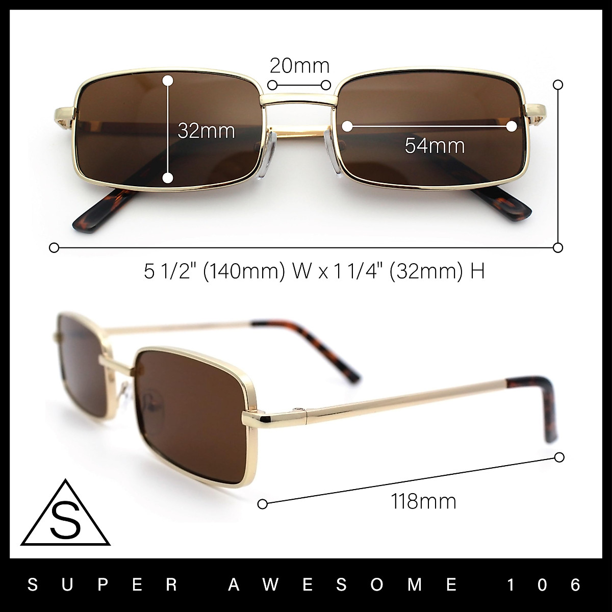 SA106 Mens Retro Vintage Narrow Rectangular Pimp Metal Sunglasses