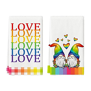 Artoid Mode Love Heart Gnomes LGBT Home Kitchen Dish Towels, 18 x 26 Inch Ultra Absorbent Coffee Tea Bar Hand Towels Bathroom Gift for Cooking Baking Set of 2