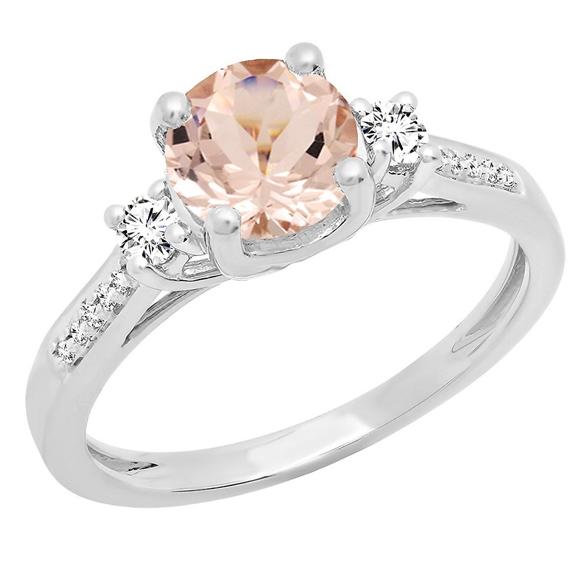 Dazzlingrock Collection 7mm Round Center Morganite & White Diamond 3 Stone Engagement Ring for Women in 18K White Gold, Size 7