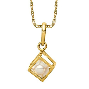 14K Yellow Gold Square Geometric Freshwater Cultured Pearl Necklace Charm Pendant Only