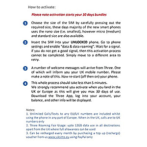 Three UK New PrePaid Europe (UK Three) SIM Card 30GB Data Unlimited Minutes/Texts for 30 Days with Free Roaming/USE in 71 Destinations Including Europe, South America and Australia (30GB)