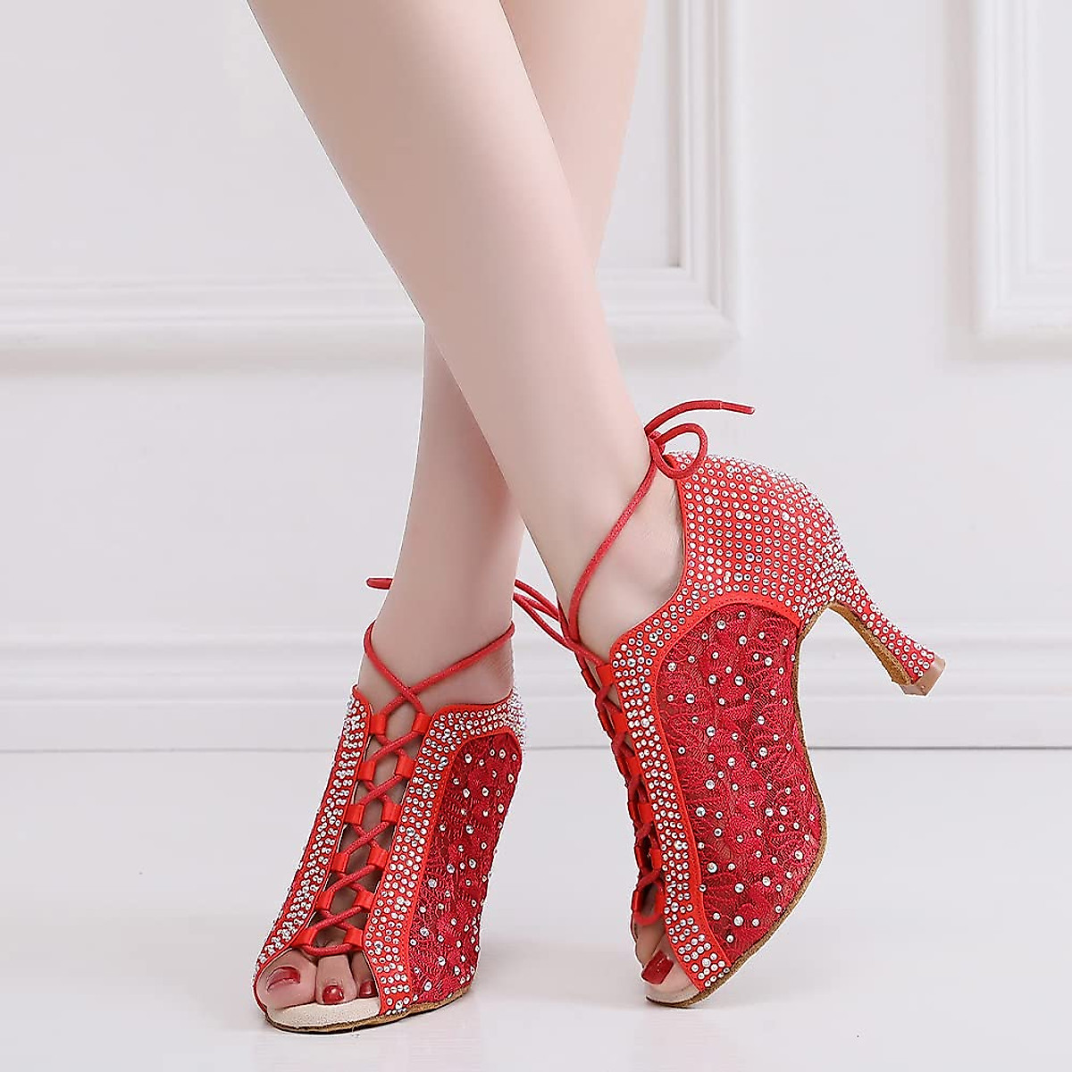 SWDZM Women's Latin Dance Shoes Open Toe Lace-up Mesh Ballrooom Tango Salsa Performence Ankle Dance Boots,Heel-3",9001,Red,6 US