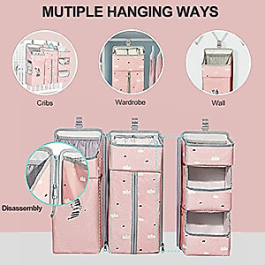 NGORAY Hanging Baby Diaper Caddy Organizers for Crib - 3-in-1 Diaper Stacker for Changing Table Nursery Organization Storage Holder for Baby Essentials Attachment Portable Combining Clothing (Pink)