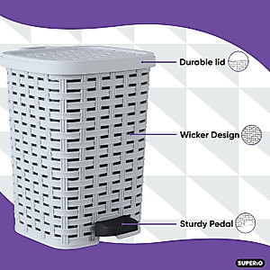 Superio Square Pedal Trash Can 7.5 Qt Ivory Beige - Wicker Style Compact Trash Can for Small Spaces, Small Trash Bin Rattan Look