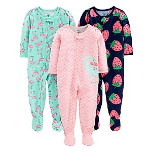 Simple Joys by Carter's Baby Girls' 3-Pack Loose Fit Flame Resistant Polyester Jersey Footed Pajamas, Dinosaur/Flamingo/Strawberry Print, 12 Months