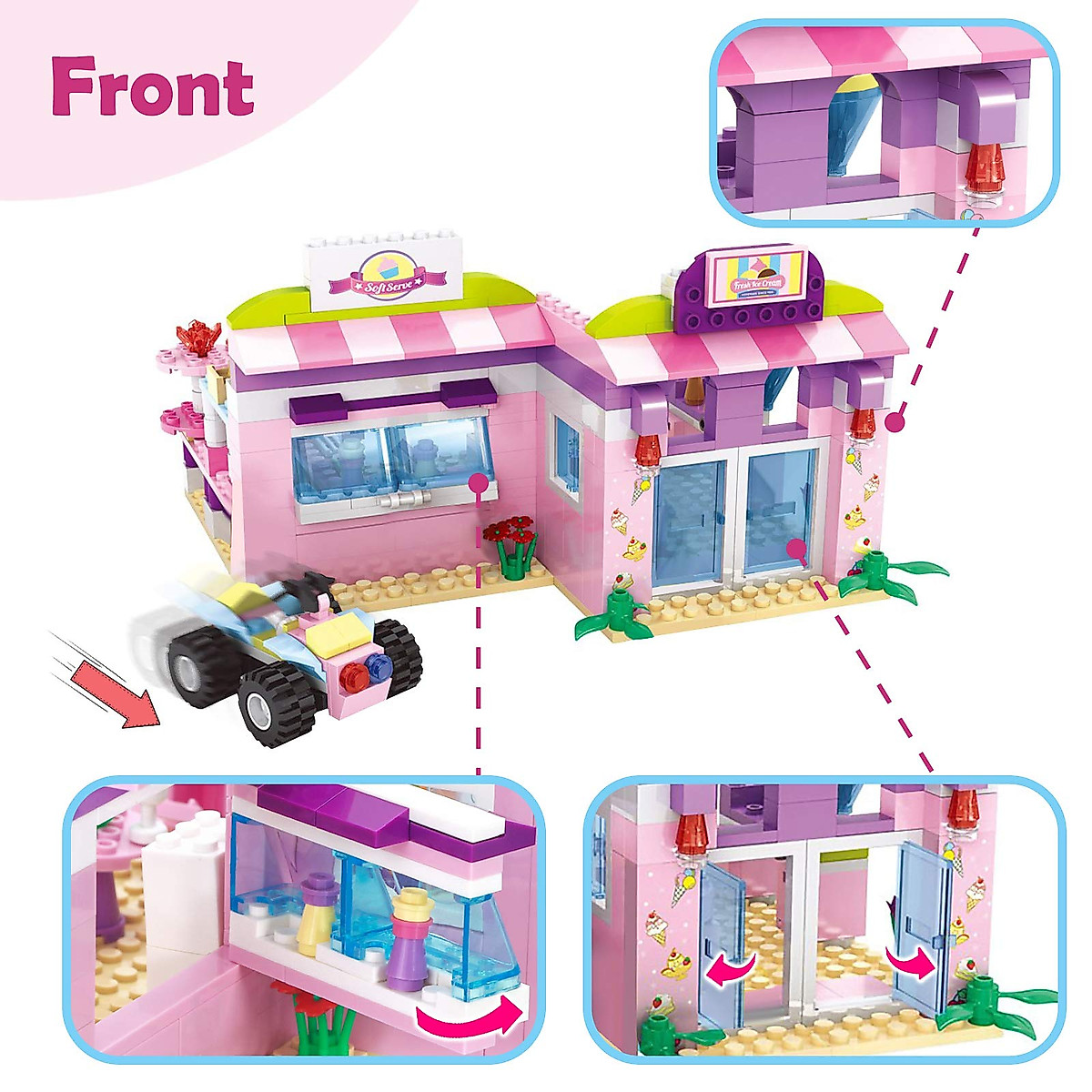 BRICK STORY Girls Friends Ice Cream Shop Building Set Pink Beach Ice Cream Dessert Store Building Blocks Toys with Beach Buggy Friends Beach Vacation Playset for Kids 6-12, 317 Pieces