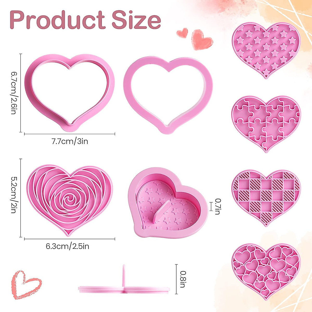 FVVMEED 6 Pieces Valentine's Day Heart Shape Plastic Biscuit Cutters Cookie Stamps Plunger Cutter Fondant Molds Embossing Spring Mold Press Cupcake Gum Paste Sugar Craft Decorating Baking Tool